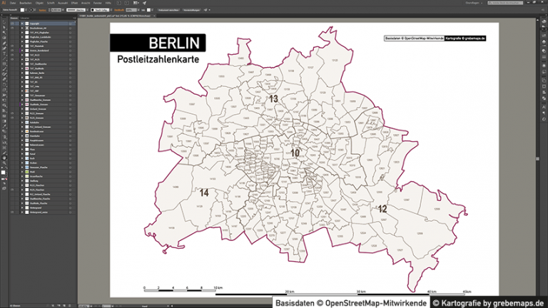 Berlin Stadtplan Postleitzahlen PLZ-5 Topographie Stadtbezirke Stadtteile