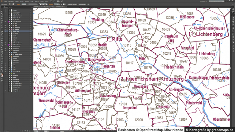 Berlin Stadtplan Postleitzahlen PLZ-5 Topographie Stadtbezirke Stadtteile
