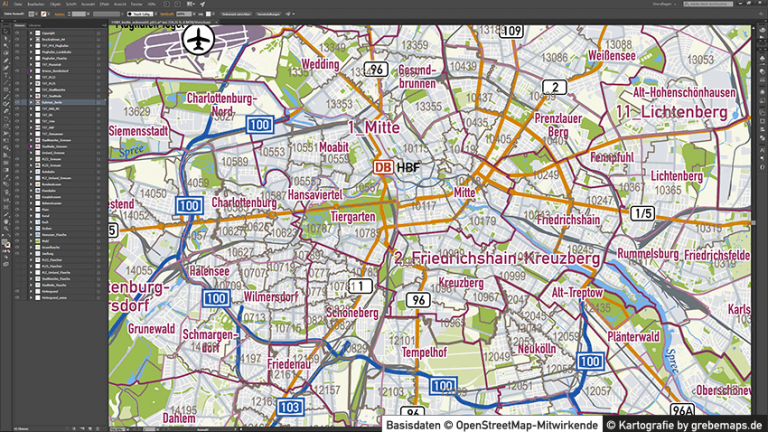 Berlin Stadtplan Postleitzahlen PLZ-5 Topographie Stadtbezirke Stadtteile