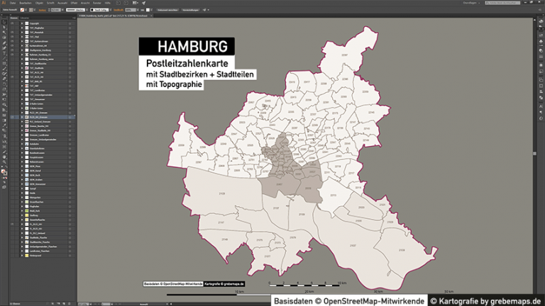 Hamburg Stadtplan Postleitzahlen PLZ-5 Topographie Stadtbezirke ...
