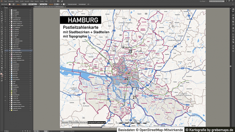 Hamburg Stadtplan Postleitzahlen PLZ-5 Topographie Stadtbezirke ...