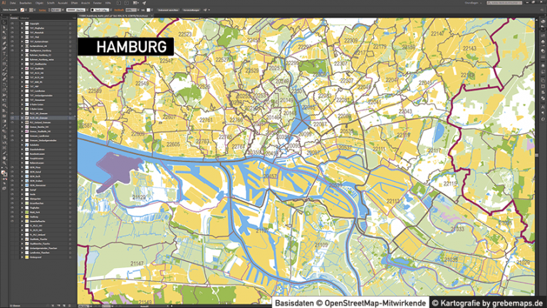 Hamburg Stadtplan Postleitzahlen PLZ-5 Topographie Stadtbezirke ...