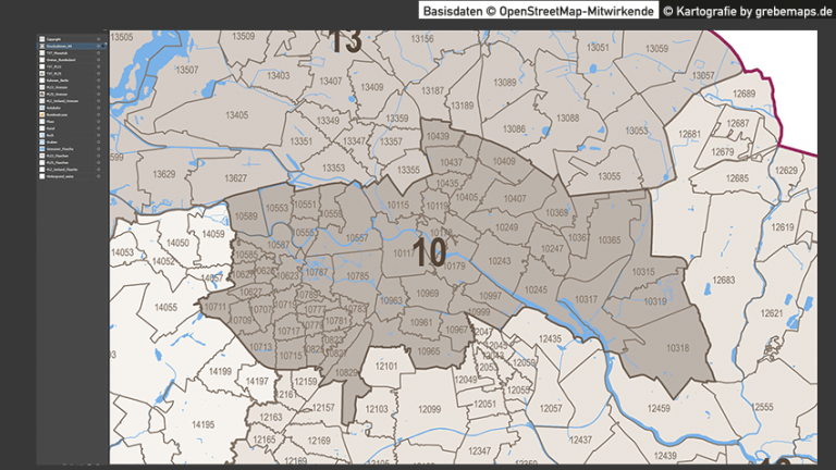 Berlin Karte Postleitzahlen PLZ-5-2 Vektorkarte - grebemaps Kartographie
