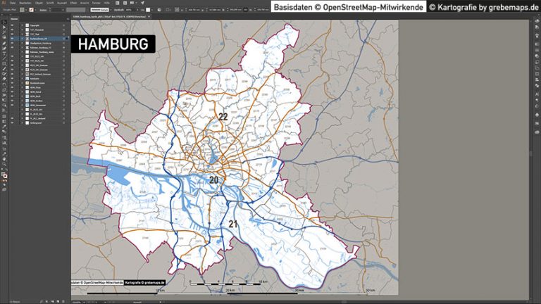 Hamburg Postleitzahlen-Karte PLZ-5 Vektorkarte - grebemaps Kartographie