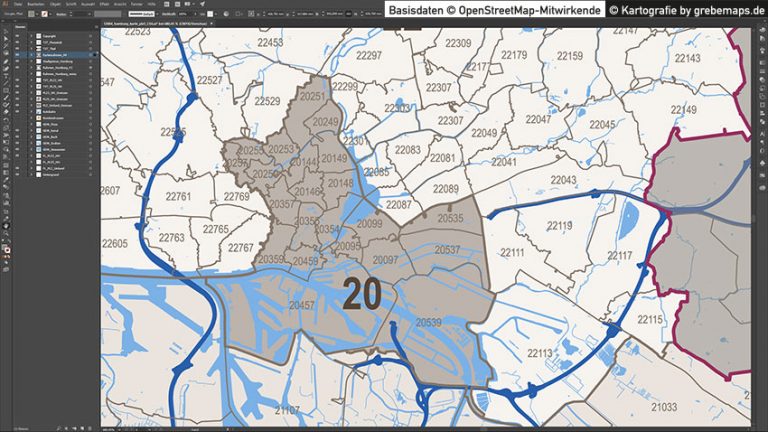 Hamburg Postleitzahlen-Karte PLZ-5 Vektorkarte - grebemaps Kartographie