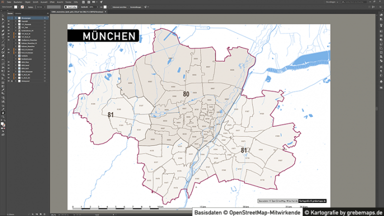 München Postleitzahlenkarte Vektor PLZ-5 - grebemaps Kartographie