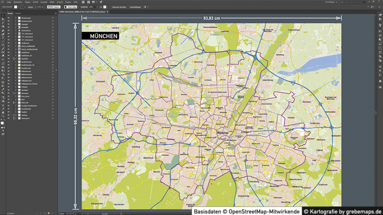 München Stadtplan Vektor mit Gebäuden + OEPNV-Linien, Vektorkarte München