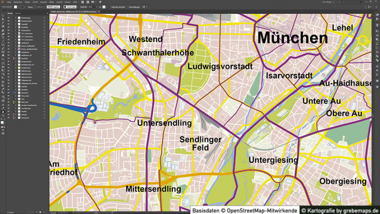 München Stadtplan Vektor mit Gebäuden + OEPNV-Linien, Vektorkarte München