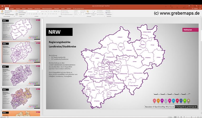 NRW PowerPoint-Karte Gemeinden Landkreise Regierungsbezirke