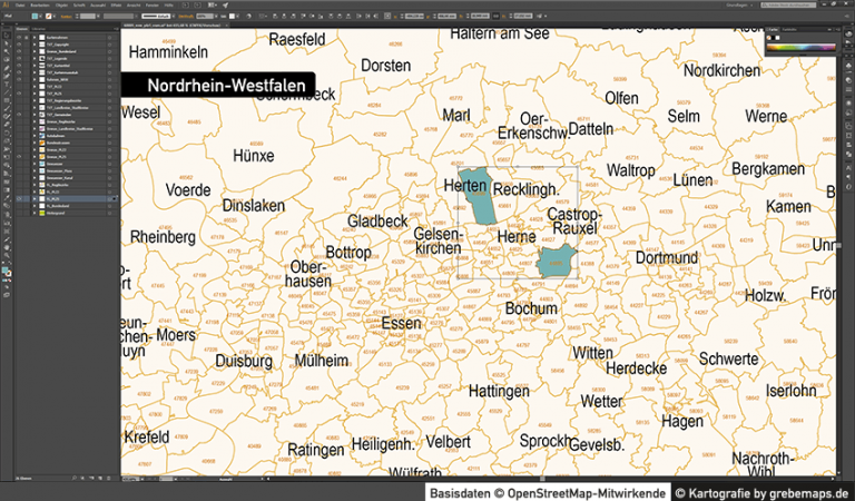 Nordrhein-Westfalen Postleitzahlenkarte 5-stellig PLZ-5 Vektorkarte