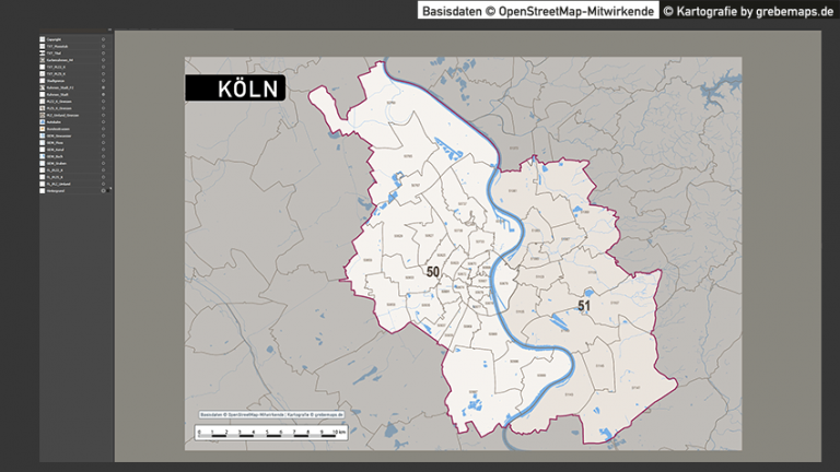 Köln Postleitzahlen-Karte PLZ-5 Vektorkarte - grebemaps Kartographie