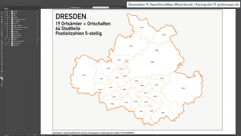 Dresden Vektorkarte Stadtbezirke Stadtteile Postleitzahlen PLZ-5
