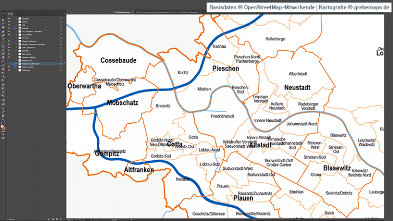 Dresden Vektorkarte Stadtbezirke Stadtteile Postleitzahlen PLZ-5