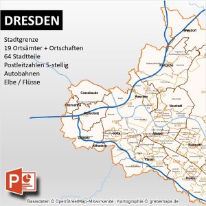Dresden PowerPoint-Karte Postleitzahlen PLZ-5 Stadtteile Stadtbezirke