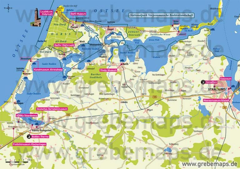 Fischland-Darß-Zingst Übersichtskarte mit Sehenswürdigkeiten für Print