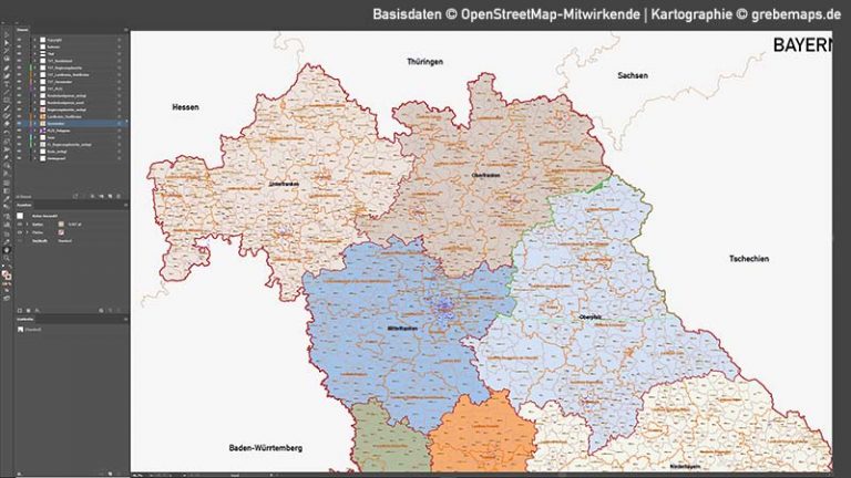 Bayern Vektorkarte Gemeinden Landkreise Regierungsbezirke PLZ-5