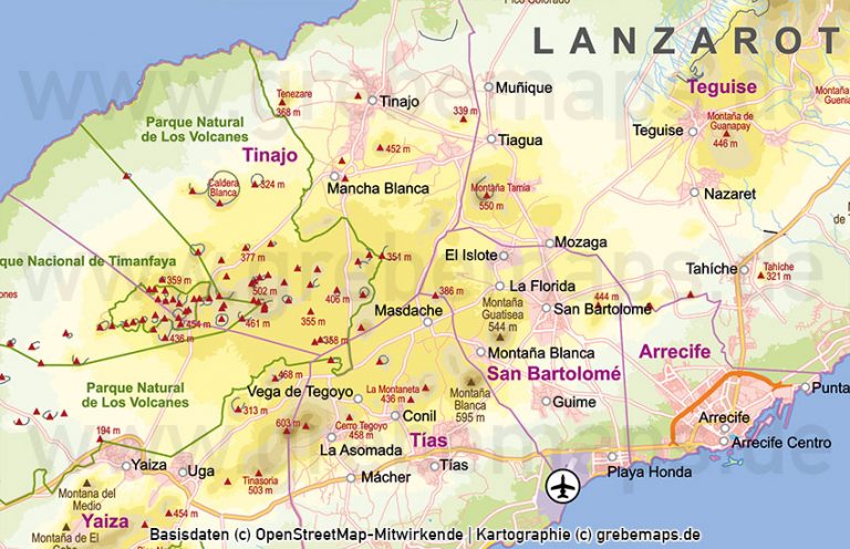 Lanzarote Vektorkarte Topographie Gemeinden Höhenschichten