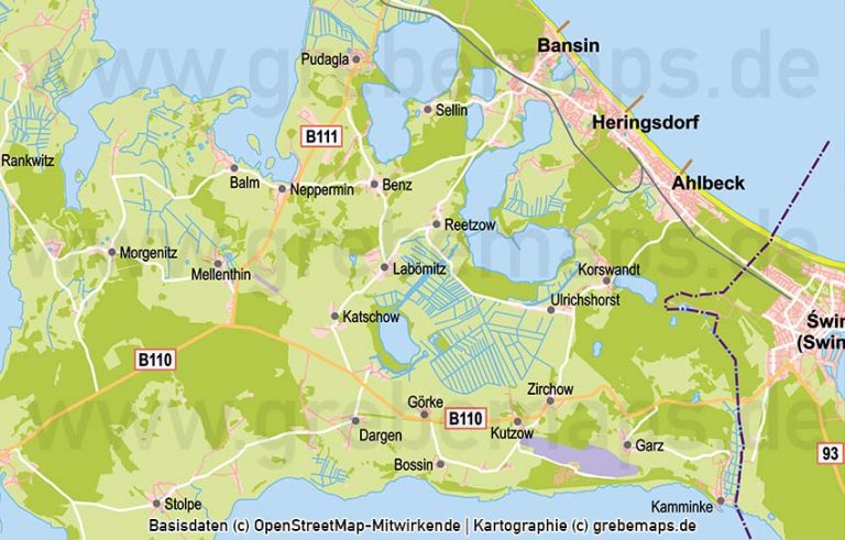 Usedom Vektorkarte Topographie mit Gemeindegrenzen - grebemaps Kartographie