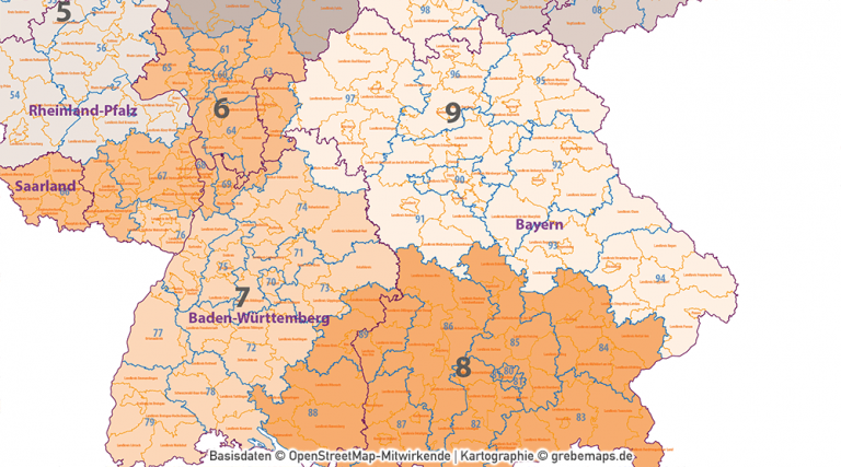 Deutschland Postleitzahlenkarte PLZ-1-2 mit Landkreisen Bundesländern ...