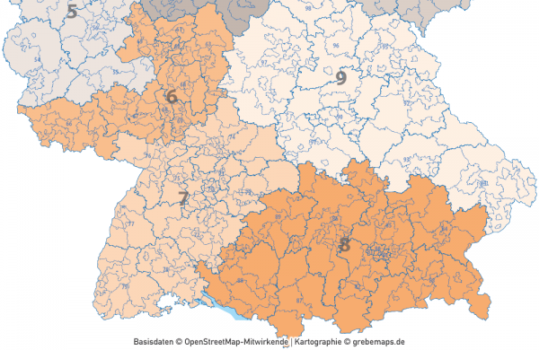 Deutschland Postleitzahlenkarte PLZ-1-2-3 mit Landkreisen - grebemaps ...