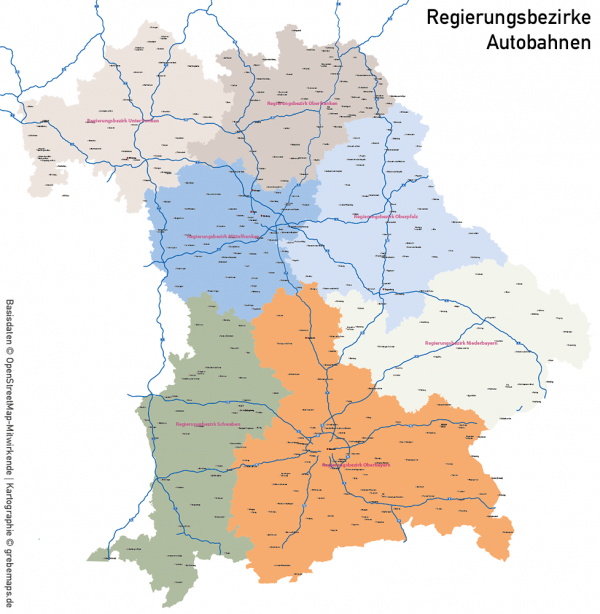 Bayern Vektorkarte Gemeinden Landkreise Postleitzahlen PLZ-5 - grebemaps