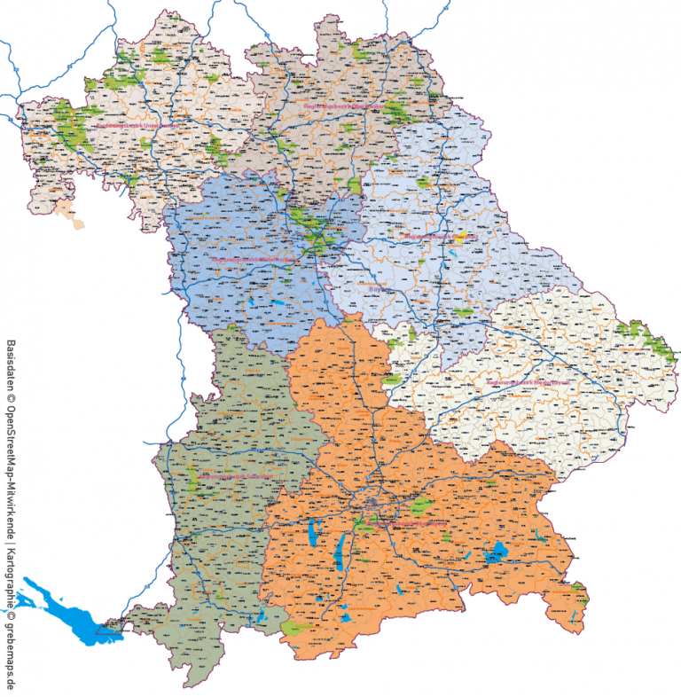 Bayern Vektorkarte Gemeinden Landkreise Postleitzahlen PLZ-5 - grebemaps