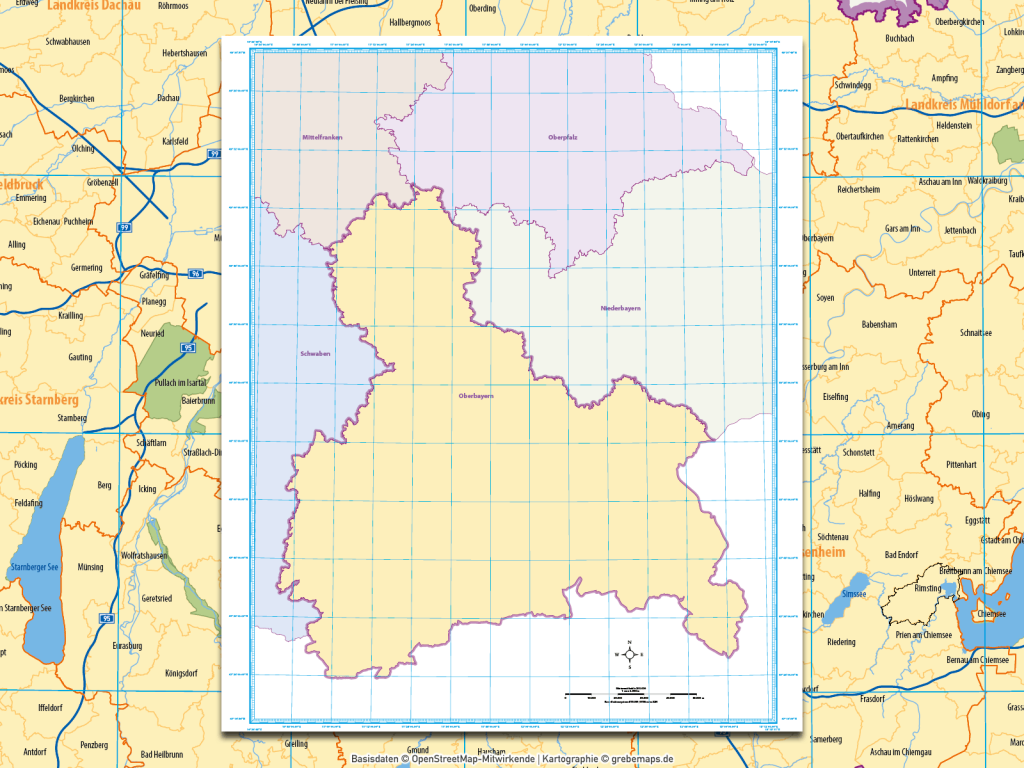Oberbayern Vektorkarte Gemeinden Landkreise Postleitzahlen PLZ-5 ...