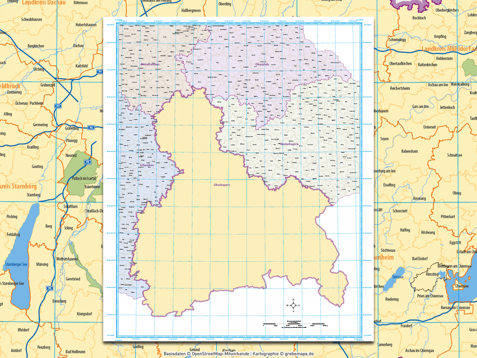 Oberbayern Vektorkarte Gemeinden Landkreise Postleitzahlen PLZ-5 ...