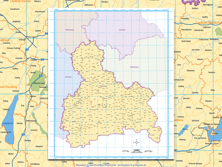Oberbayern Vektorkarte Gemeinden Landkreise Postleitzahlen PLZ-5 ...