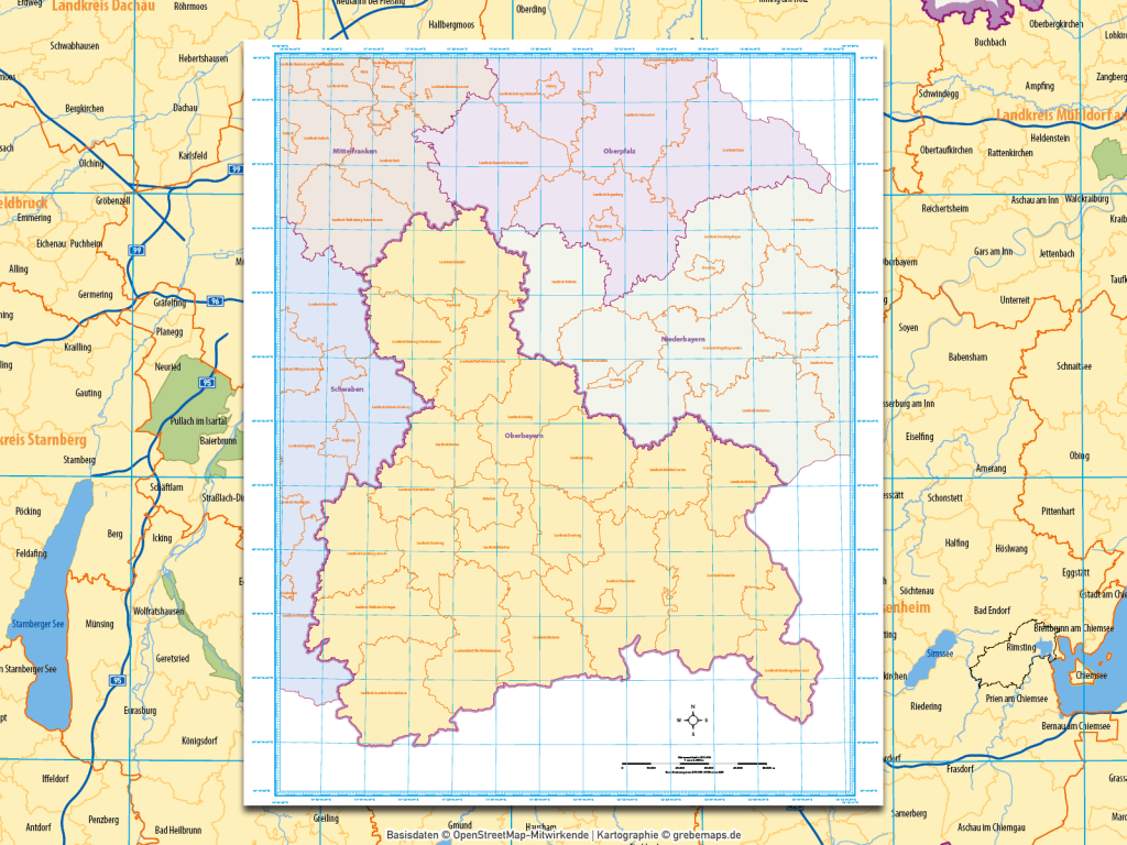 Oberbayern Vektorkarte Gemeinden Landkreise Postleitzahlen PLZ-5 ...