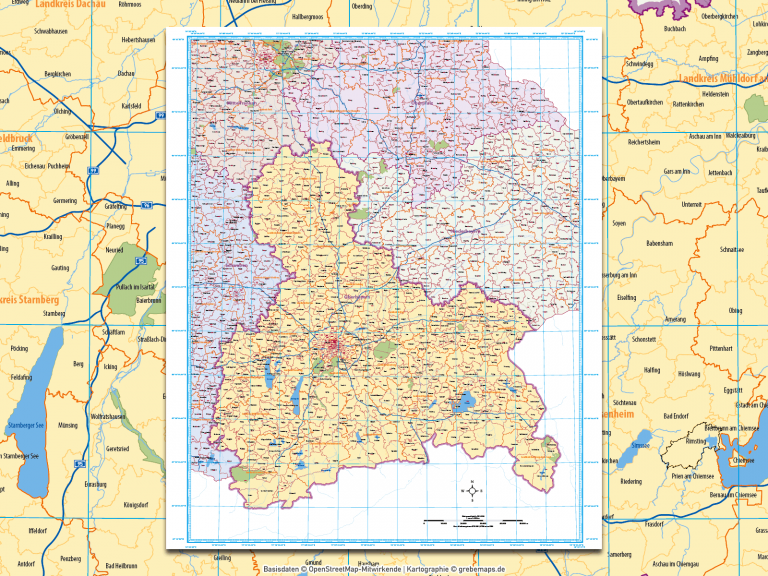 Oberbayern Vektorkarte Gemeinden Landkreise Postleitzahlen PLZ-5 ...