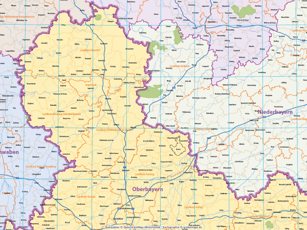 Oberbayern Vektorkarte Gemeinden Landkreise Postleitzahlen PLZ-5 ...