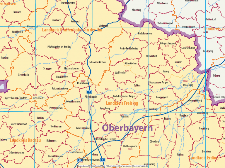 Oberbayern Vektorkarte Gemeinden Landkreise Postleitzahlen PLZ-5 ...