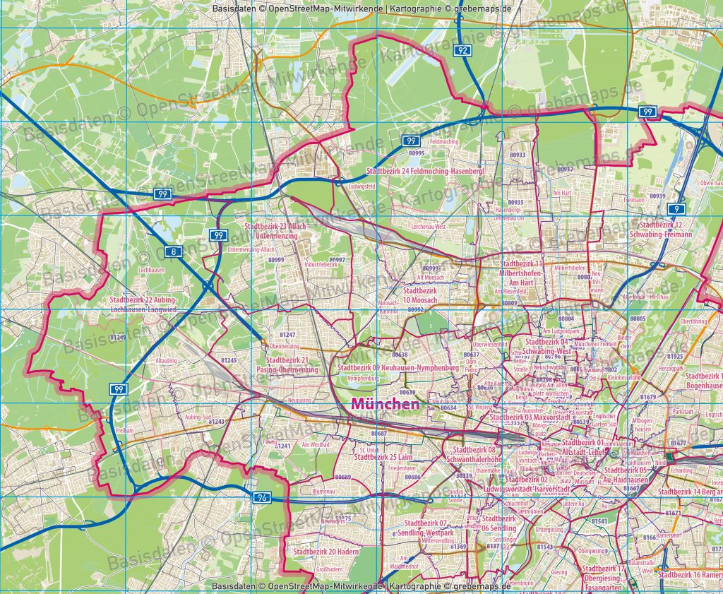 München Stadtplan mit Stadtbezirken Stadtteilen Postleitzahlen PLZ-5