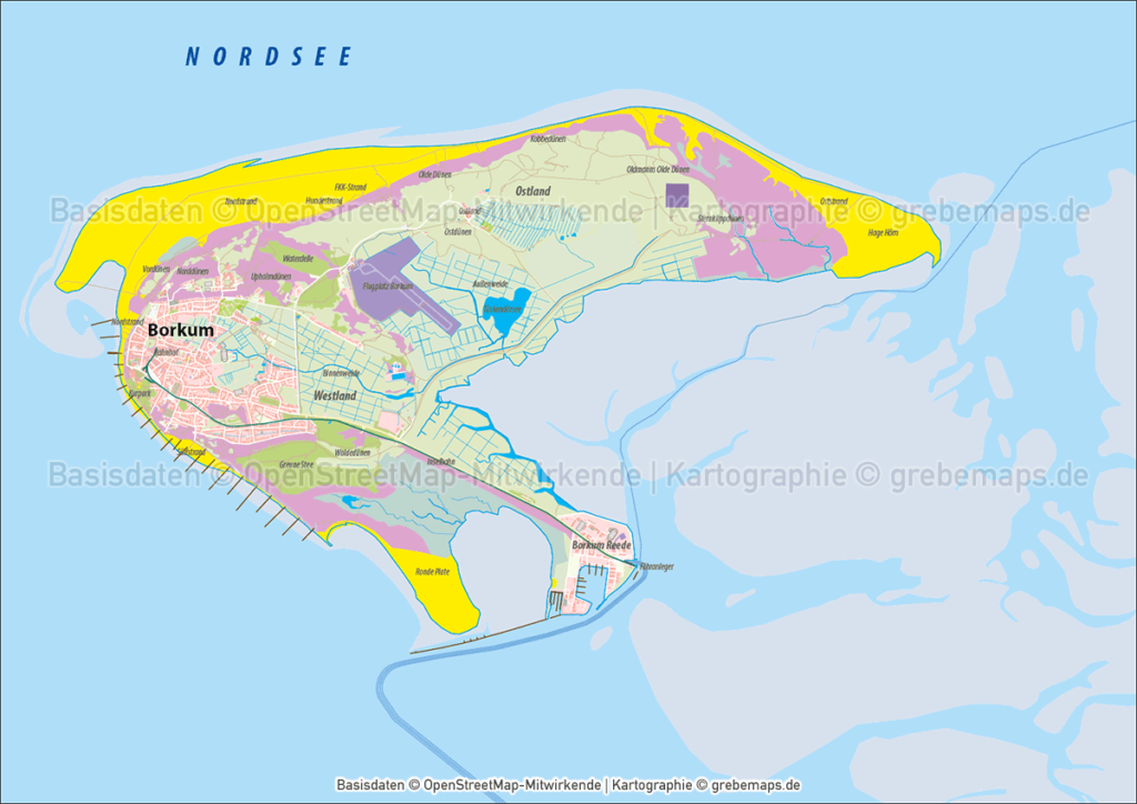 Borkum Inselkarte mit Gebäuden Vektorkarte - grebemaps® Kartographie