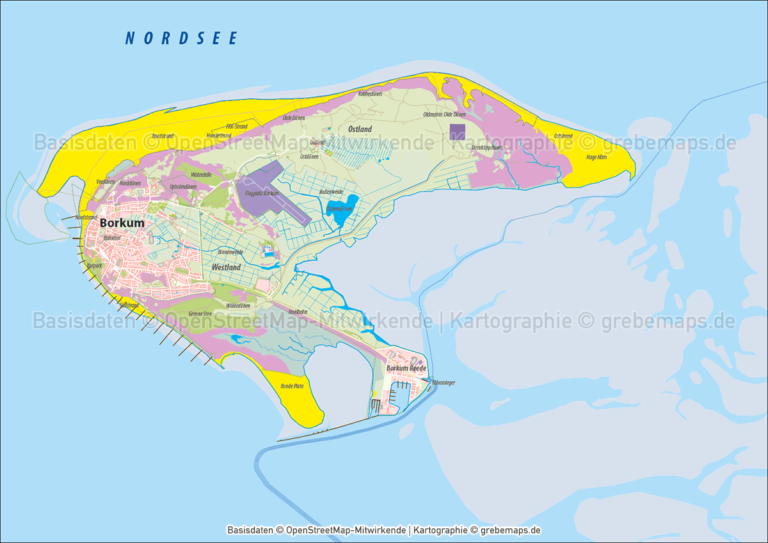 Borkum Inselkarte mit Gebäuden Vektorkarte - grebemaps® Kartographie