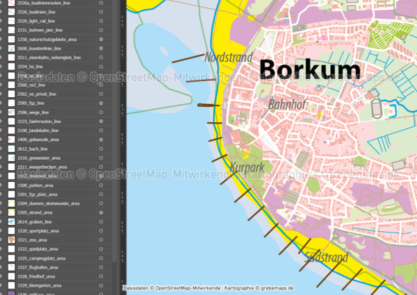 Borkum Inselkarte mit Gebäuden Vektorkarte - grebemaps® Kartographie