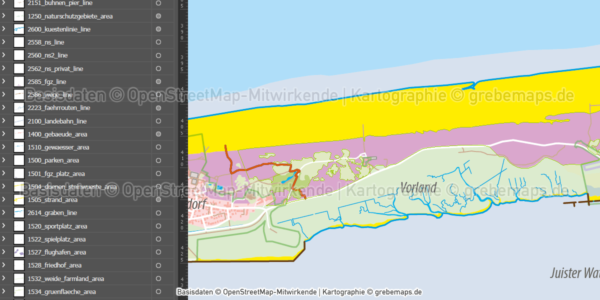 Juist Inselkarte mit Gebäuden Vektorkarte - grebemaps® Kartographie