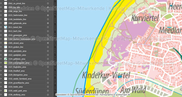 Langeoog Inselkarte mit Gebäuden Vektorkarte - grebemaps® Kartographie