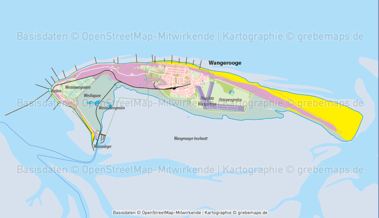 Wangerooge Inselkarte mit Gebäuden Vektorkarte - grebemaps® Kartographie