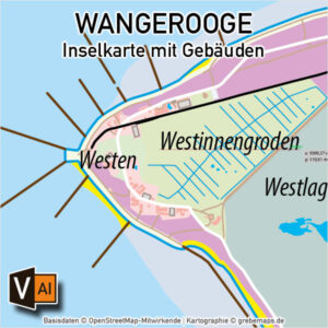 Wangerooge Inselkarte mit Gebäuden Vektorkarte - grebemaps® Kartographie
