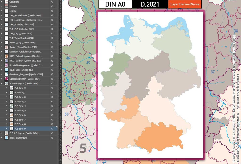 Deutschland Postleitzahlenkarte PLZ-1-2 mit Landkreisen - grebemaps ...