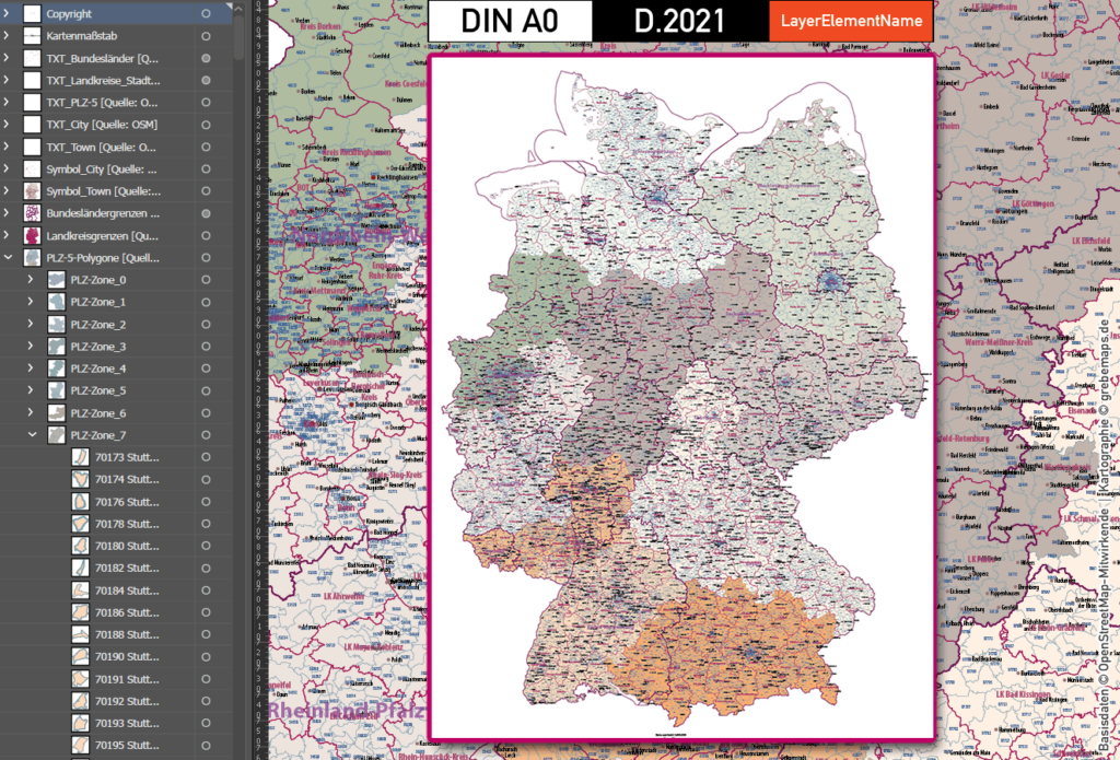 Deutschland Postleitzahlen Karte PLZ-5 BASIC mit Landkreisen ...