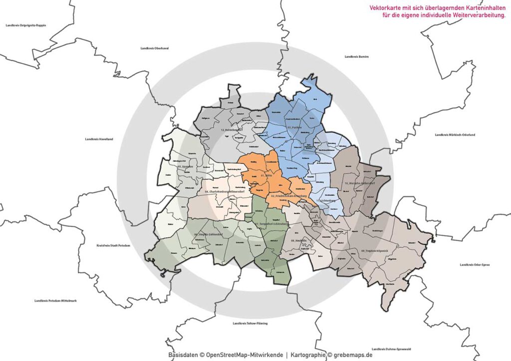 Berlin und Umgebung Vertriebskarte Postleitzahlen PLZ-5 Stadtbezirke ...