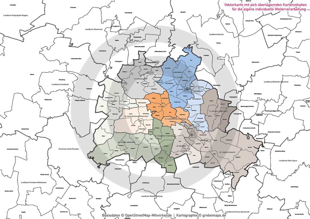 Berlin und Umgebung Vertriebskarte Postleitzahlen PLZ-5 Stadtbezirke ...