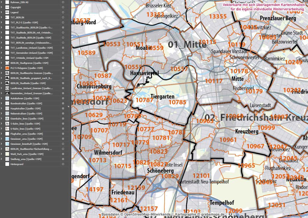 Berlin und Umgebung Vertriebskarte Postleitzahlen PLZ-5 Stadtbezirke ...