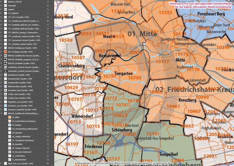 Berlin und Umgebung Vertriebskarte Postleitzahlen PLZ-5 Stadtbezirke ...