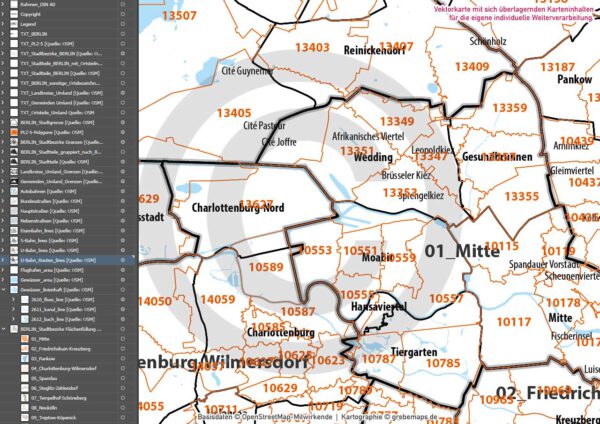 Berlin und Umgebung Vertriebskarte Postleitzahlen PLZ-5 Stadtbezirke ...