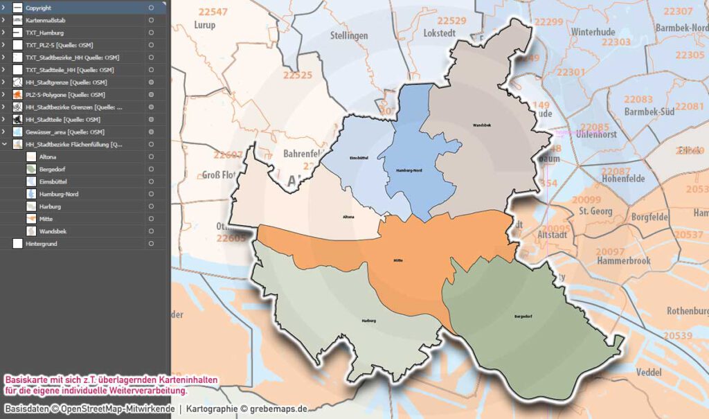 Hamburg Basiskarte Postleitzahlen PLZ-5 Stadtbezirke Stadtteile Vektorkarte