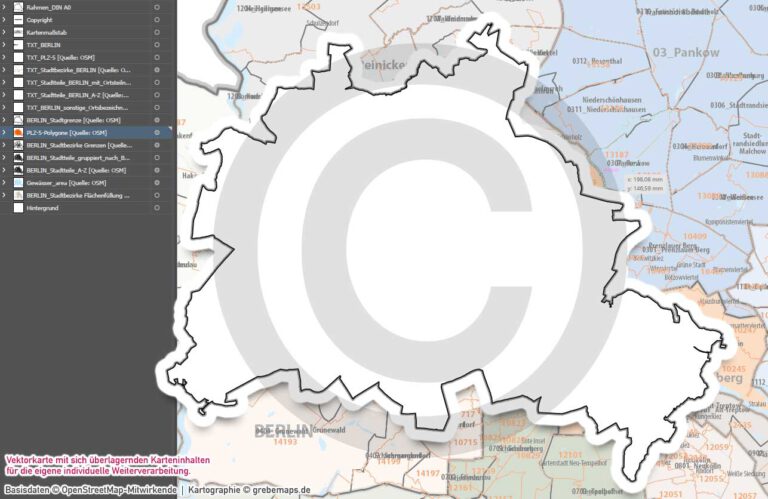 Berlin Basiskarte Postleitzahlen PLZ-5 Stadtbezirke Stadtteile Vektorkarte